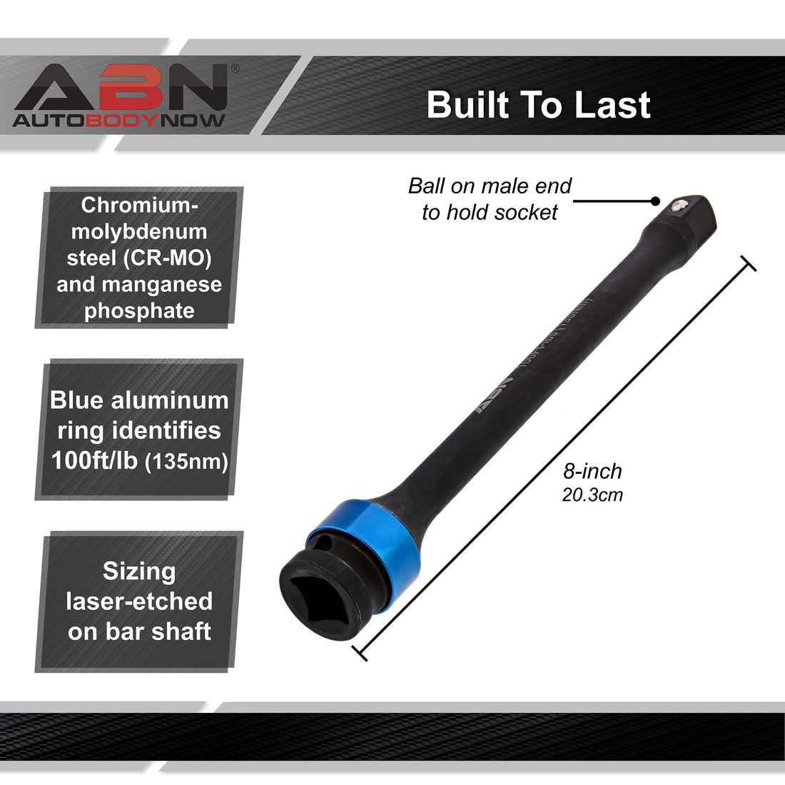 1/2” Inch Drive, 8” Long Torque Socket Extension Bar, Color Coded ABN ...