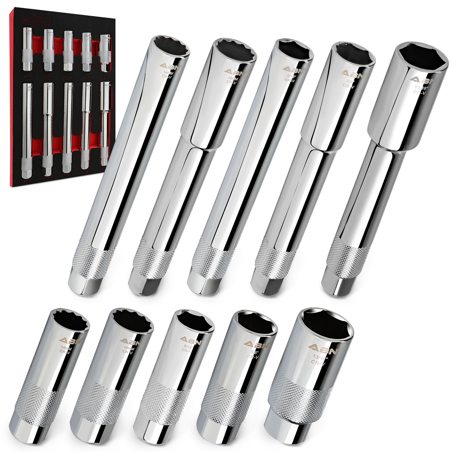 ABN Extra Deep Well Socket Set - 3/8in Drive Extended 6 and 12 Point S ...