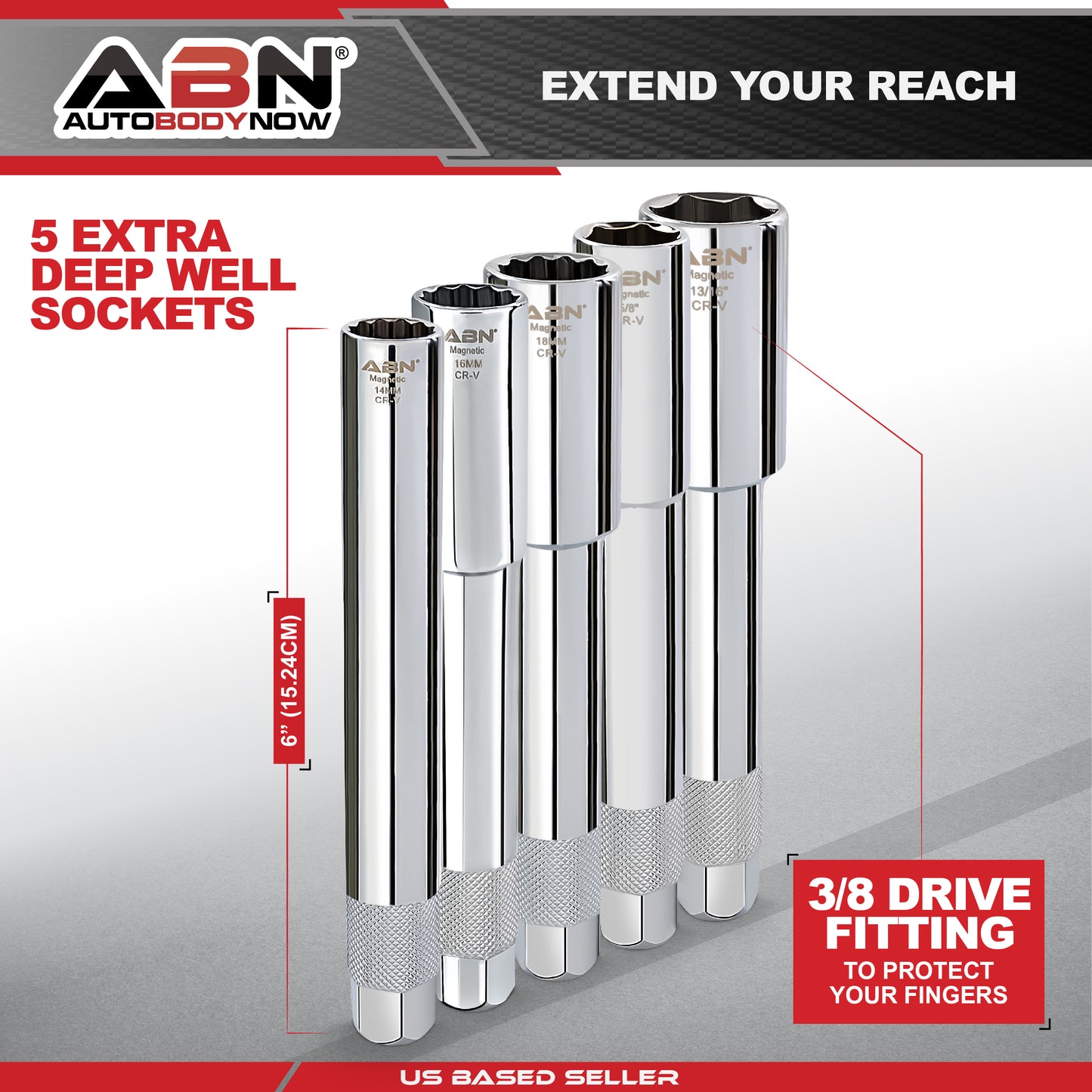 ABN Extra Deep Well Socket Set - 3/8in Drive Extended 6 and 12 Point S ...